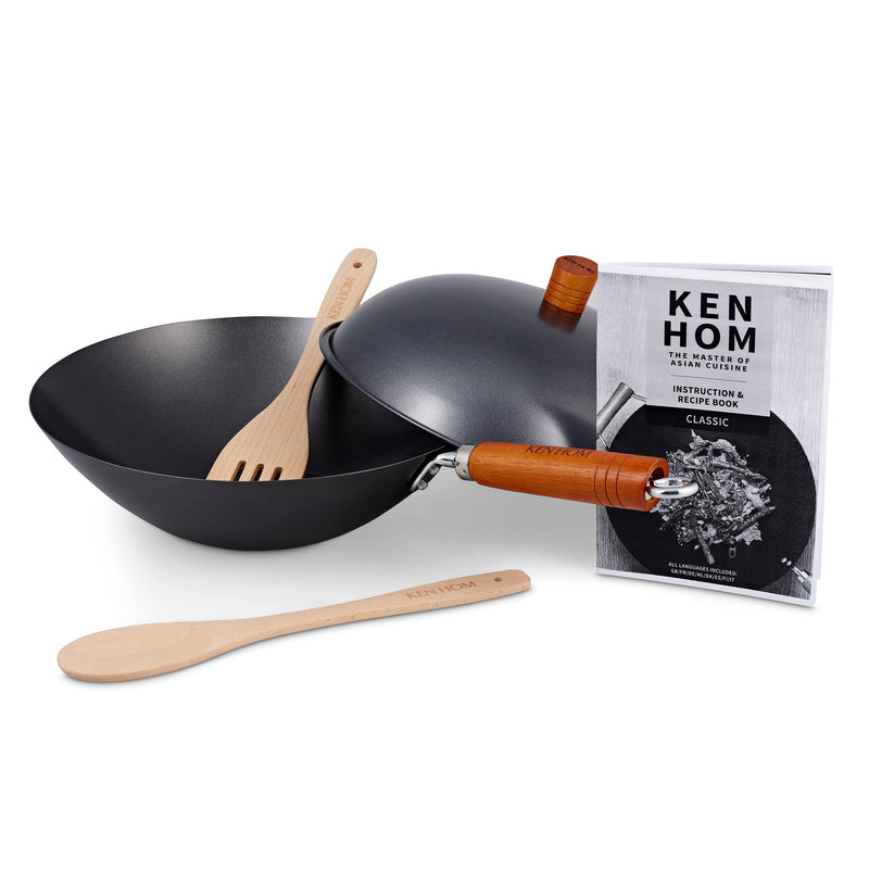 Ken Hom Woks Classic 5 Piece Wok Set With Lid, Spatula and Spoon 31cm