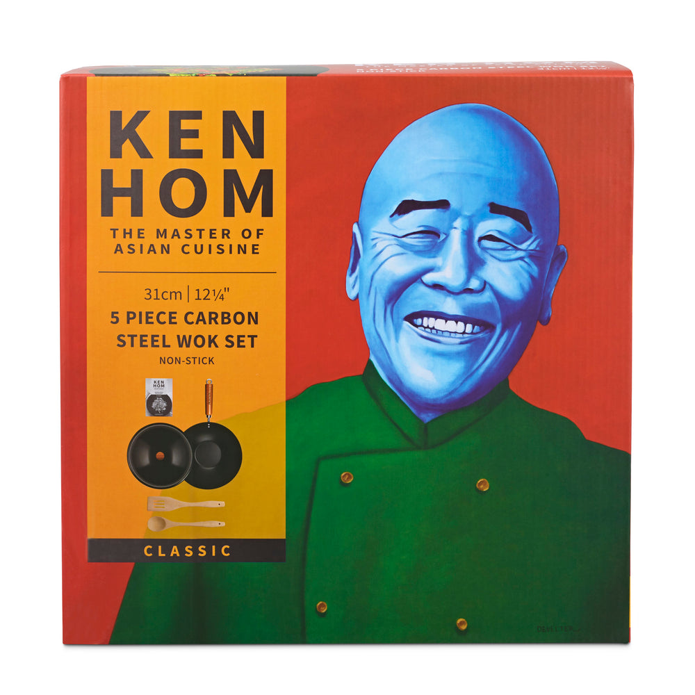 Ken Hom Woks Classic 5 Piece Wok Set With Lid, Spatula and Spoon 31cm